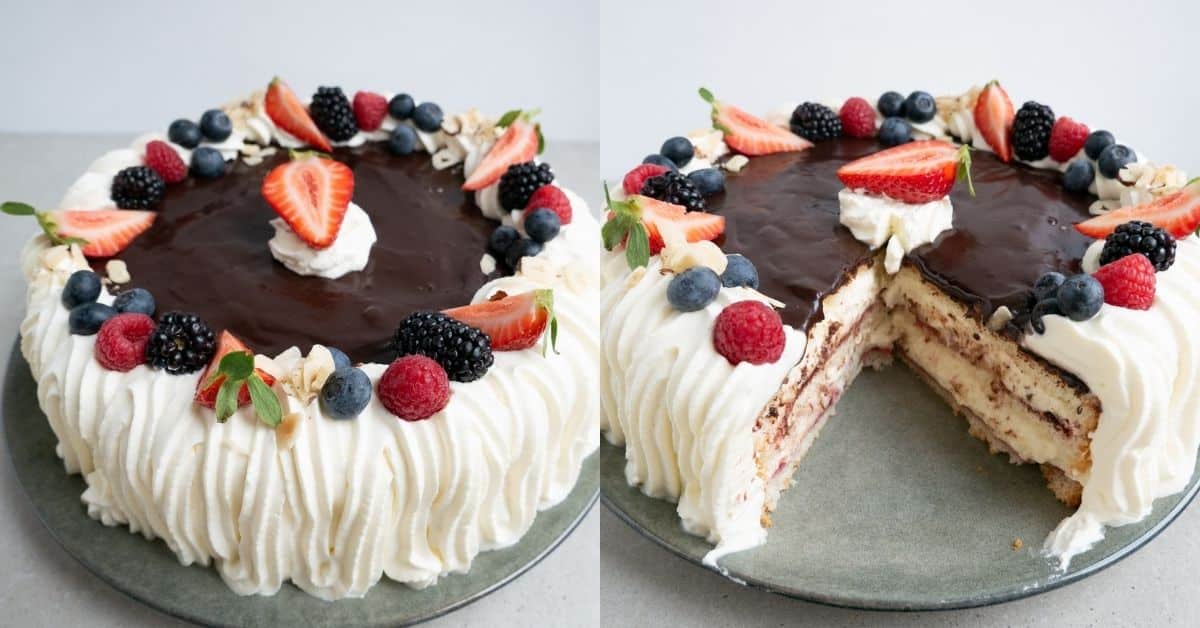 Klassisk lagkage - Med creme, fløde, makroner og syltetøj - Mummum.dk